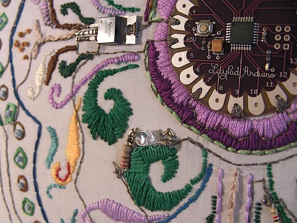 Soft circuit embroidery demo at Maker Faire Austin - Make: